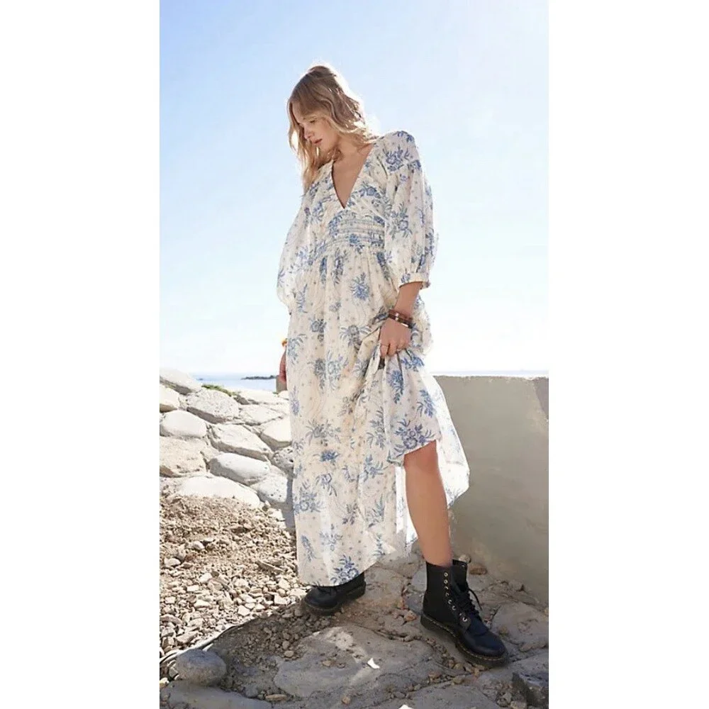 Free People | Dresses | Free People Golden Hour Blue Floral Cotton Maxi ...